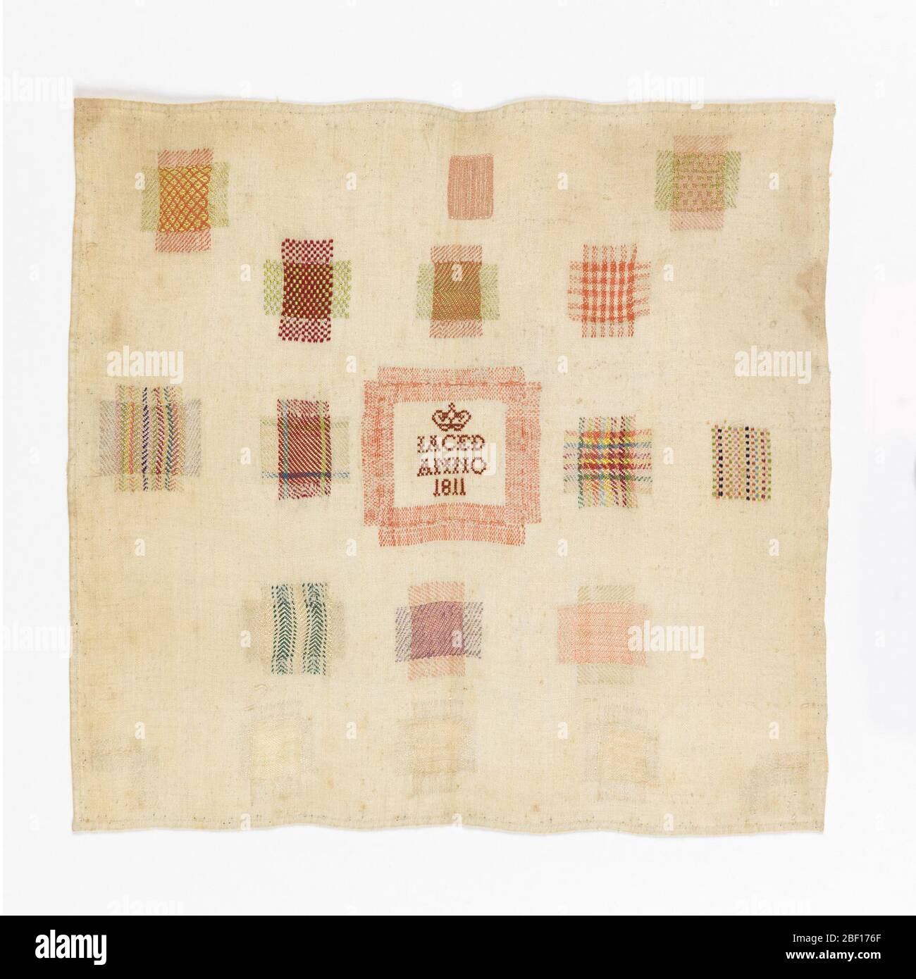 Darning sampler. Fourteen darning crosses, inset patch in middle with ...