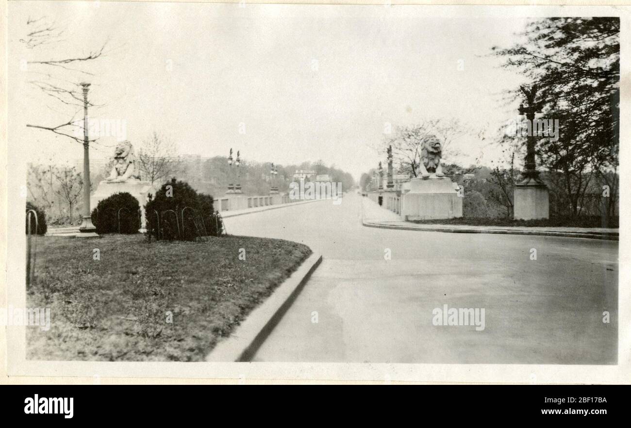 William Howard Taft Bridge. Street level view. Shows both lion statues ...