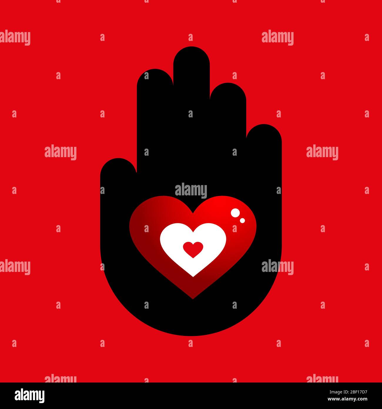 Black hand symbol with illustration of a volumetric red heart on a red ...