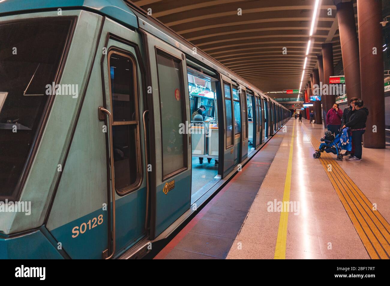 SANTIAGO, CHILE - MAY 2016: A Metro de Santiago train at a station of ...