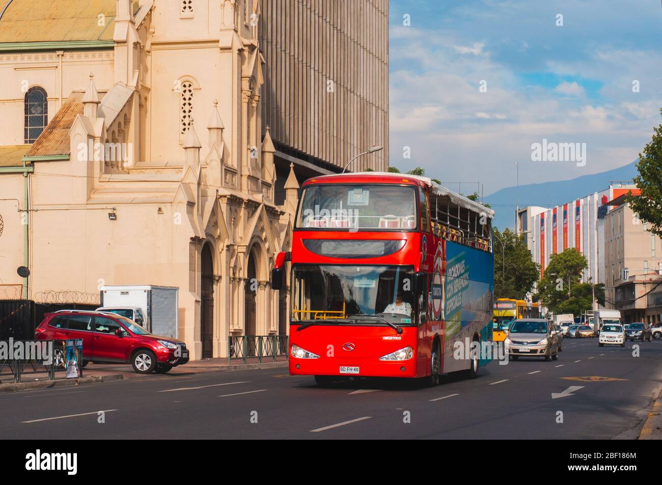 SANTIAGO, CHILE - DECEMBER 2015: A turistic bus in downtown Santiago ...
