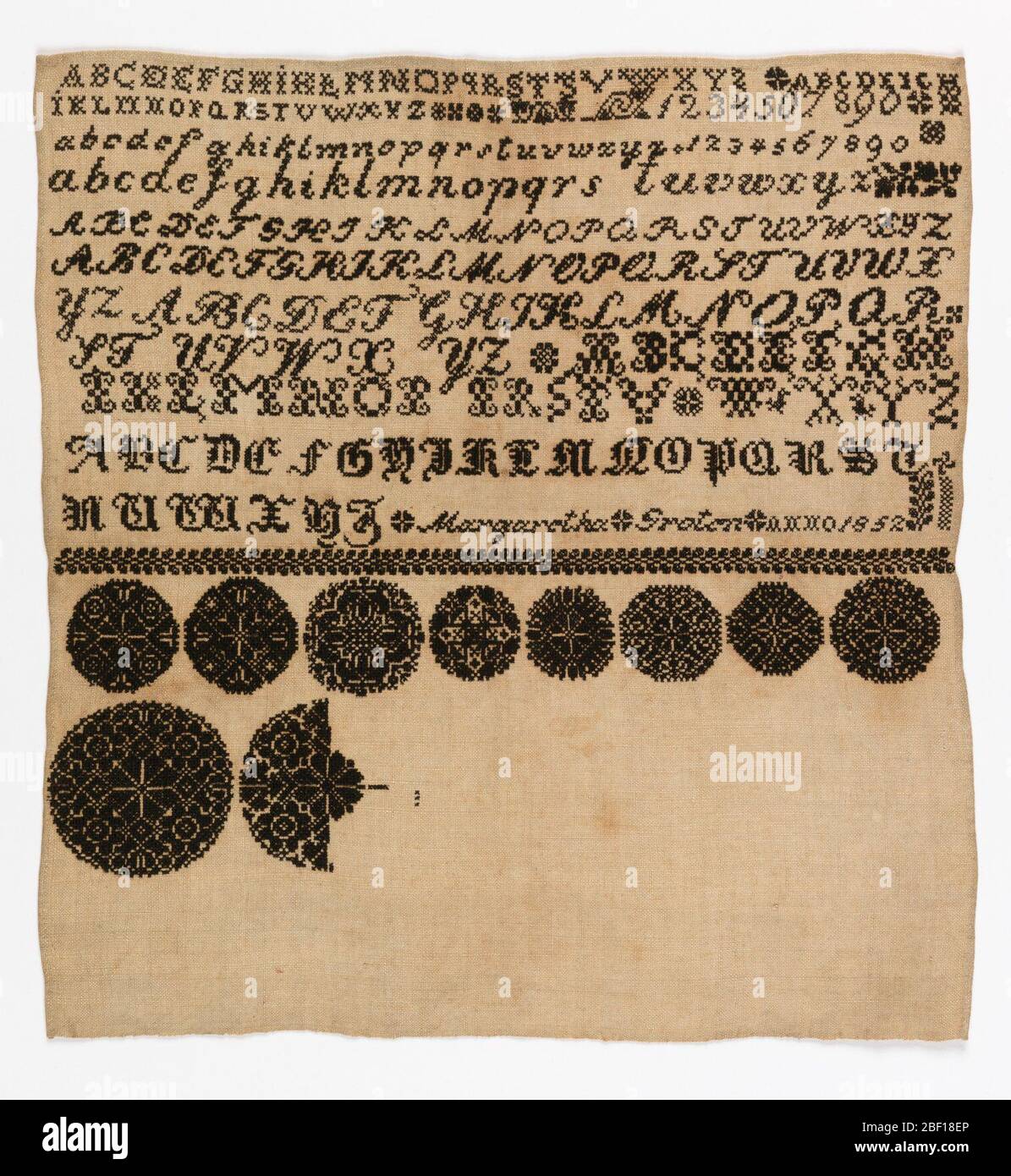 Sampler. Black silk on natural linen. Alphabets and numerals on top ...