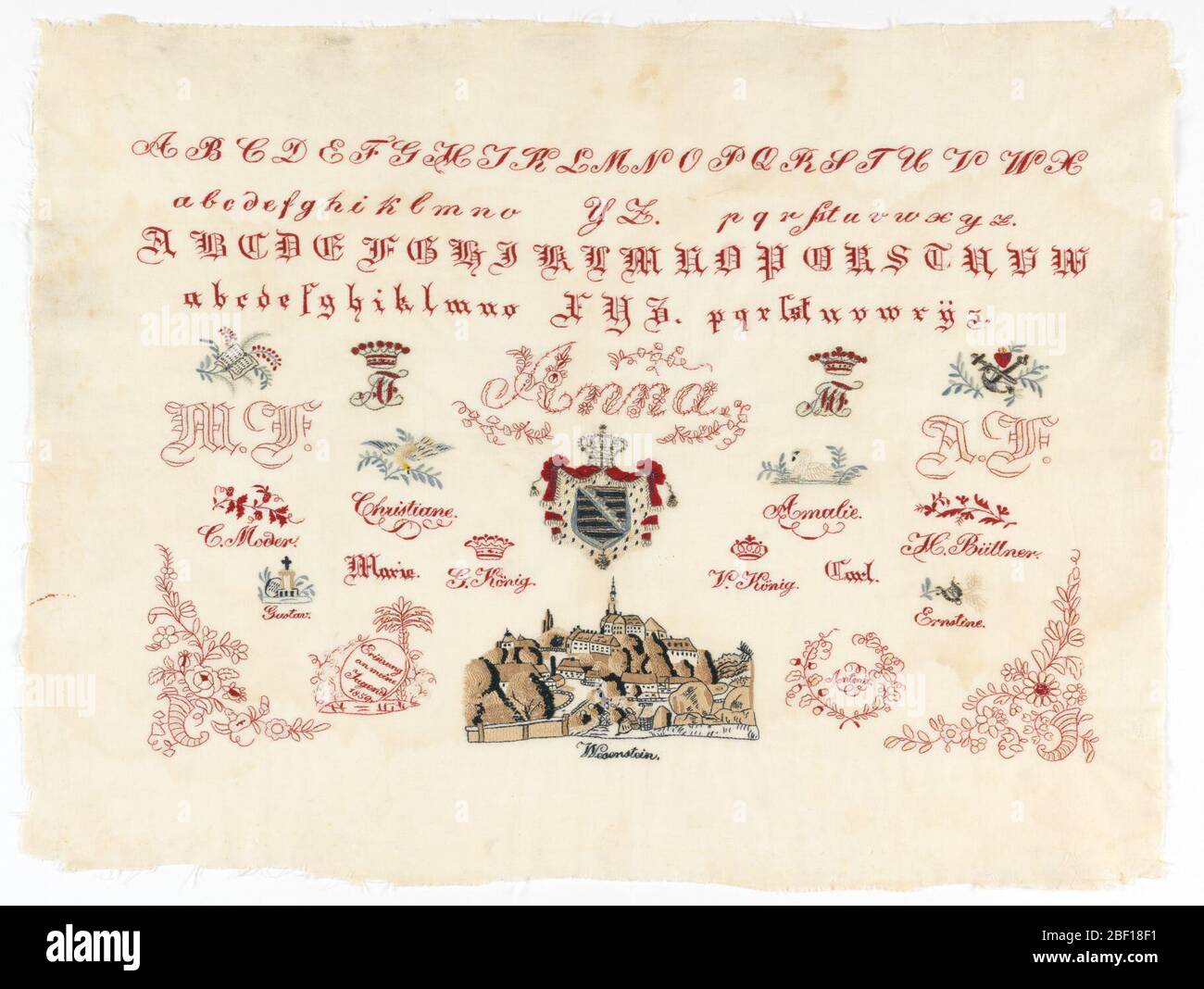 Sampler. Alphabets, monograms, and view of Wesenstein. marking sampler ...