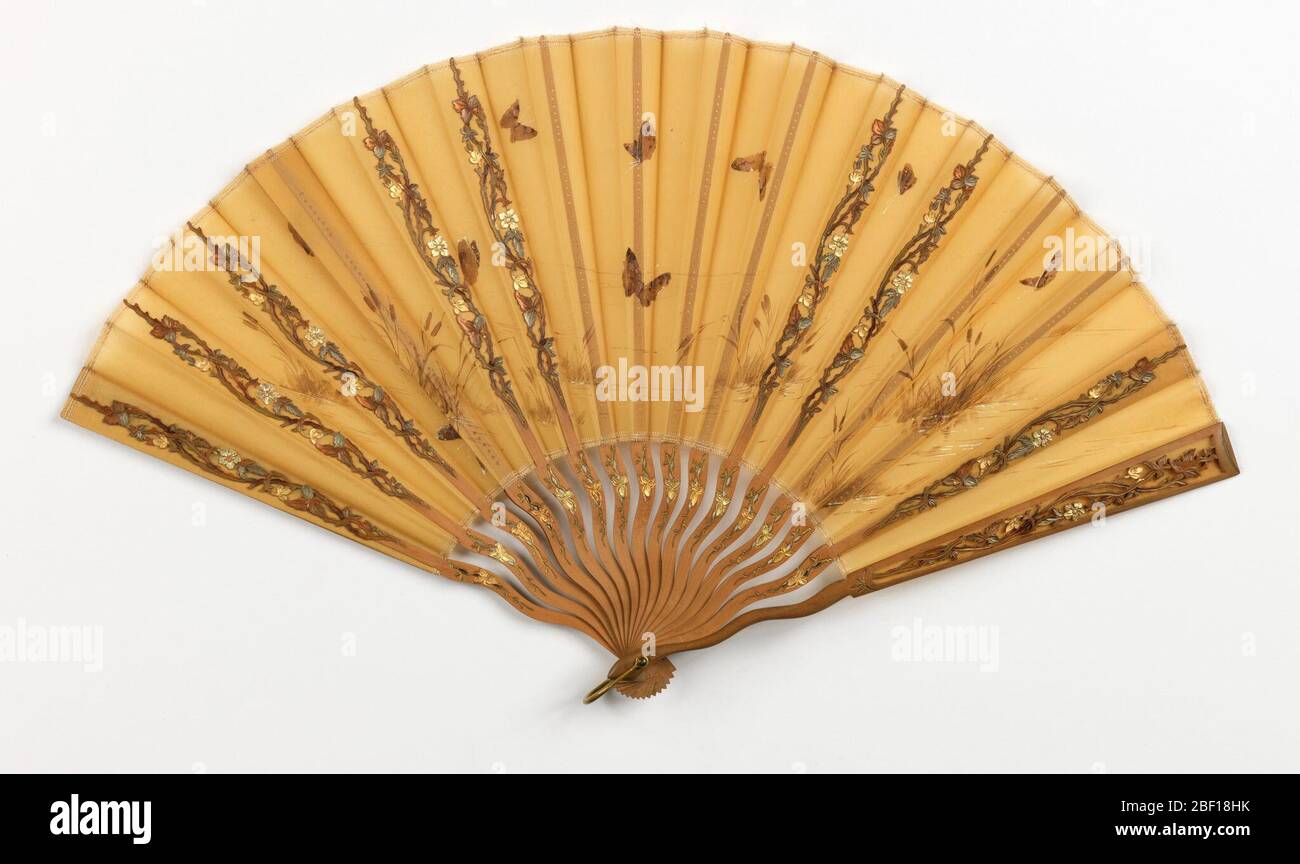 Pleated fan and case. Pleated fan. Leaf of saffron colored organdy ...