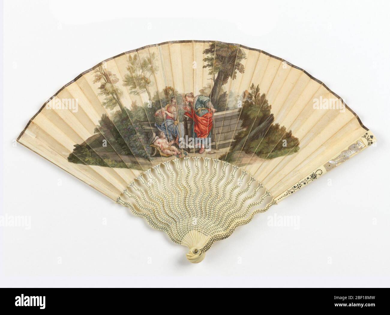 Pleated fan. Pleated fan with a gouache painted paper leaf showing the ...