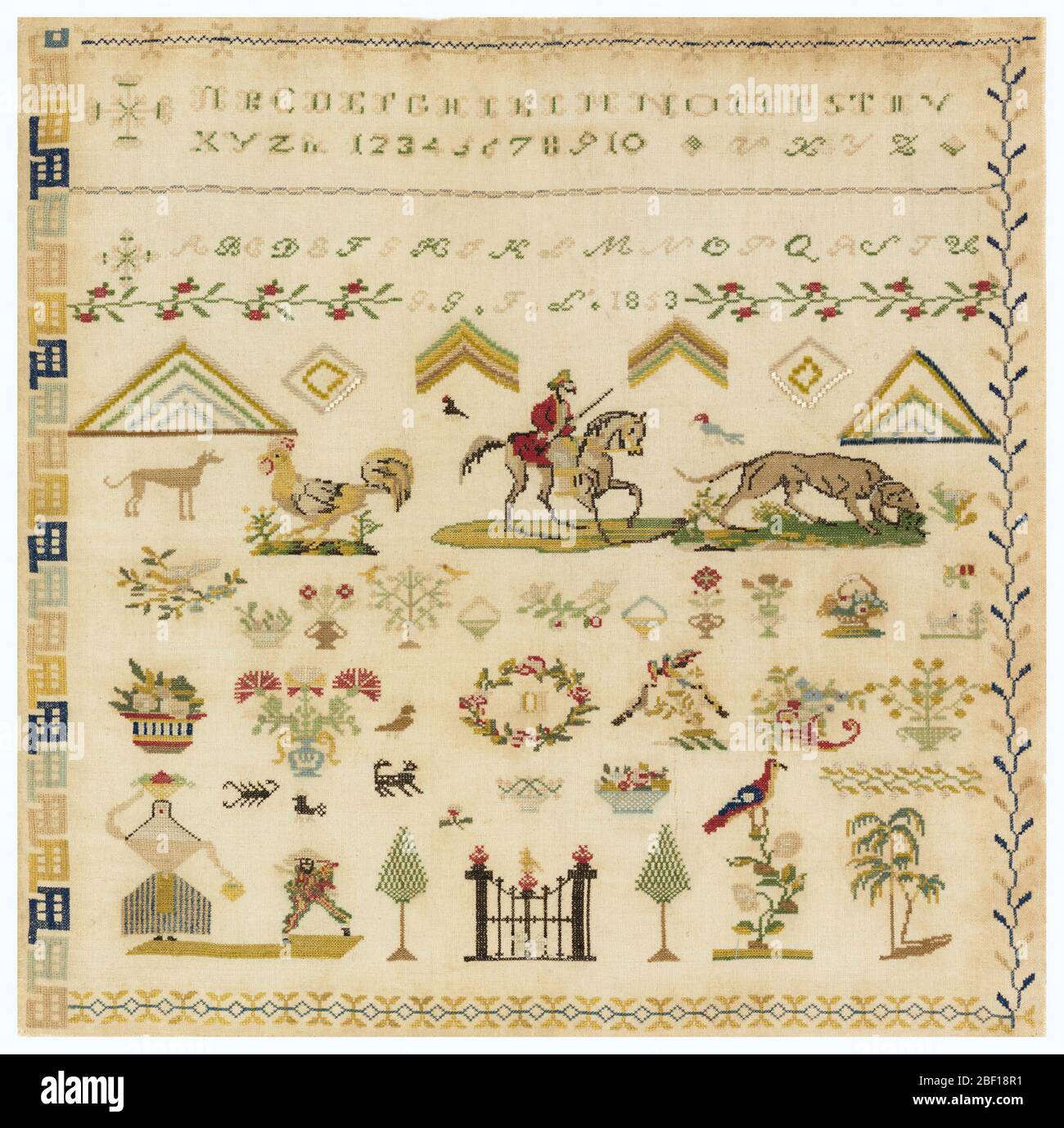 Sampler. Border (different on each of four sides) enclosing alphabets ...