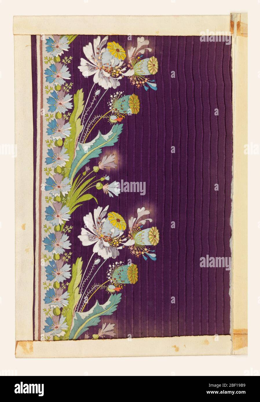 Embroidery sample. Violet ground embroidered in a border design of rose ...