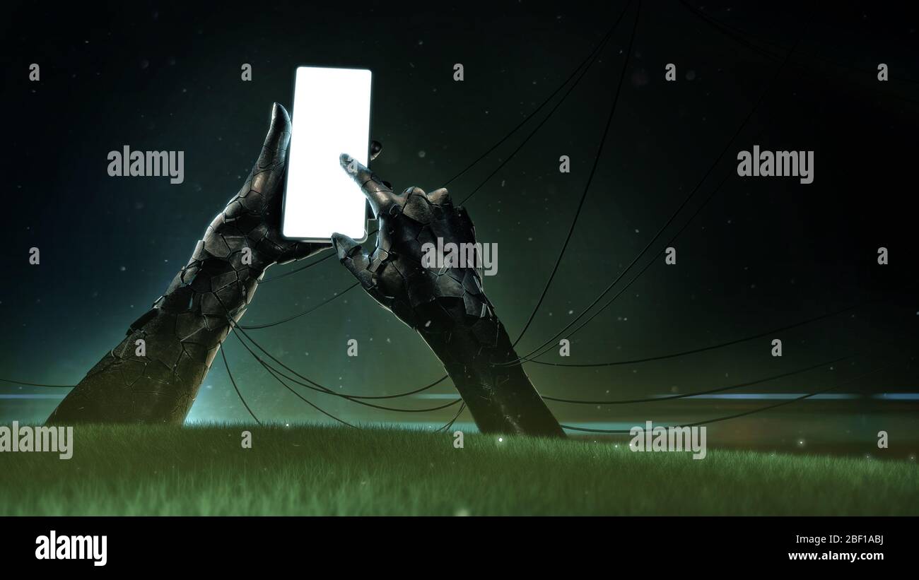 a broken bronze statue of hands holding a luminous cell phone with ...