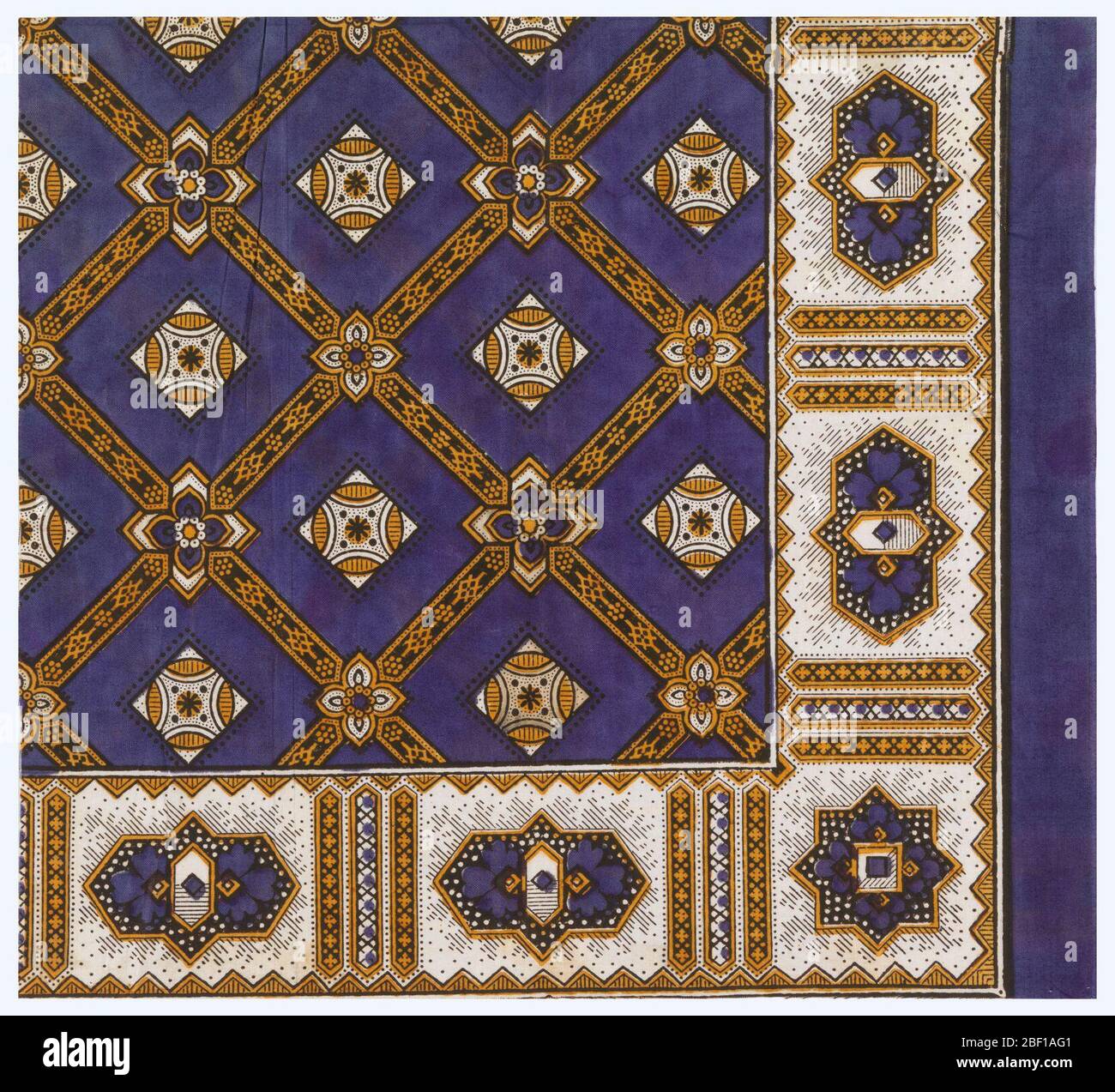Scarf sample. Quarter of a printed scarf in purple, yellow, and black ...