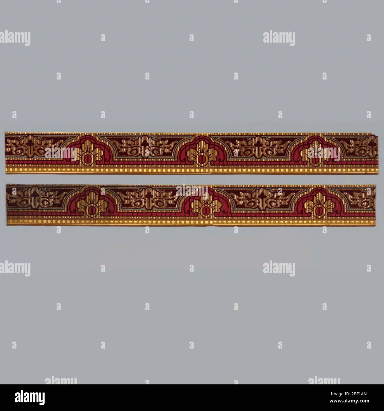 Border. Two borders of arched and scalloped design with floral motifs in brown, gold, and ...