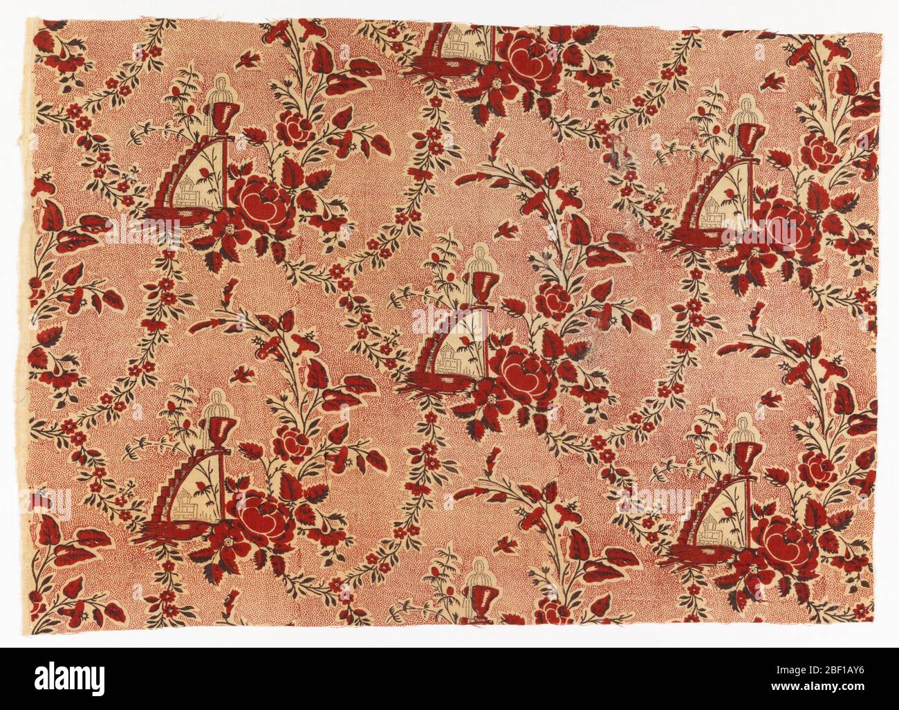 Textile. Fragment with a scenic motif of a stairway and fountain next ...