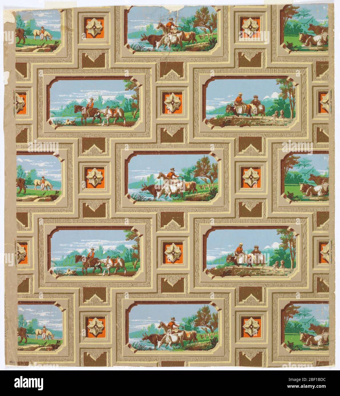 Sidewall. Four rectangular landscapes depicting pastoral scenes of ...