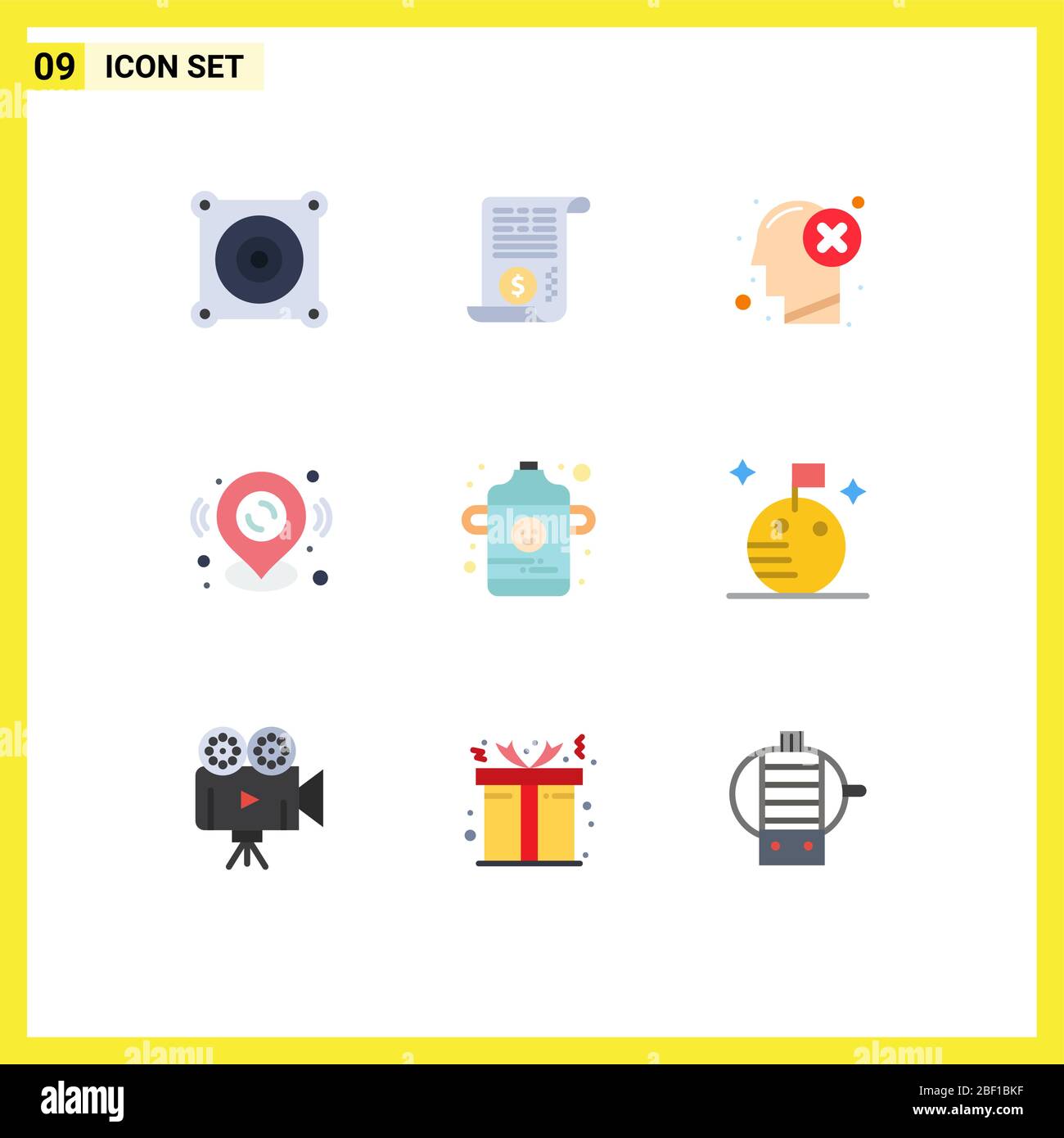 Flat Color Pack of 9 Universal Symbols of bottle, map pin, failure ...