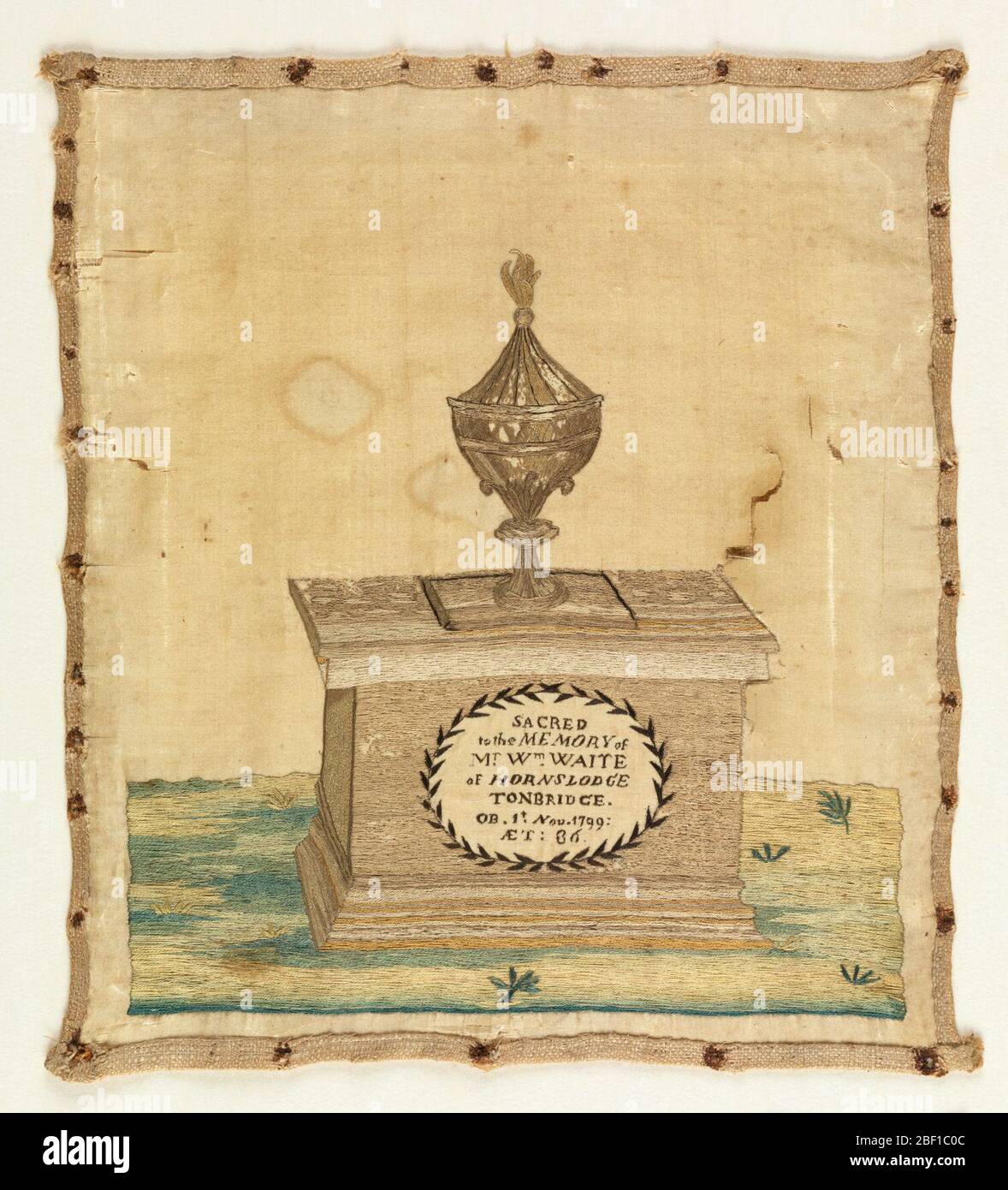 Mourning Sampler. Embroidered picture, nearly square in format ...