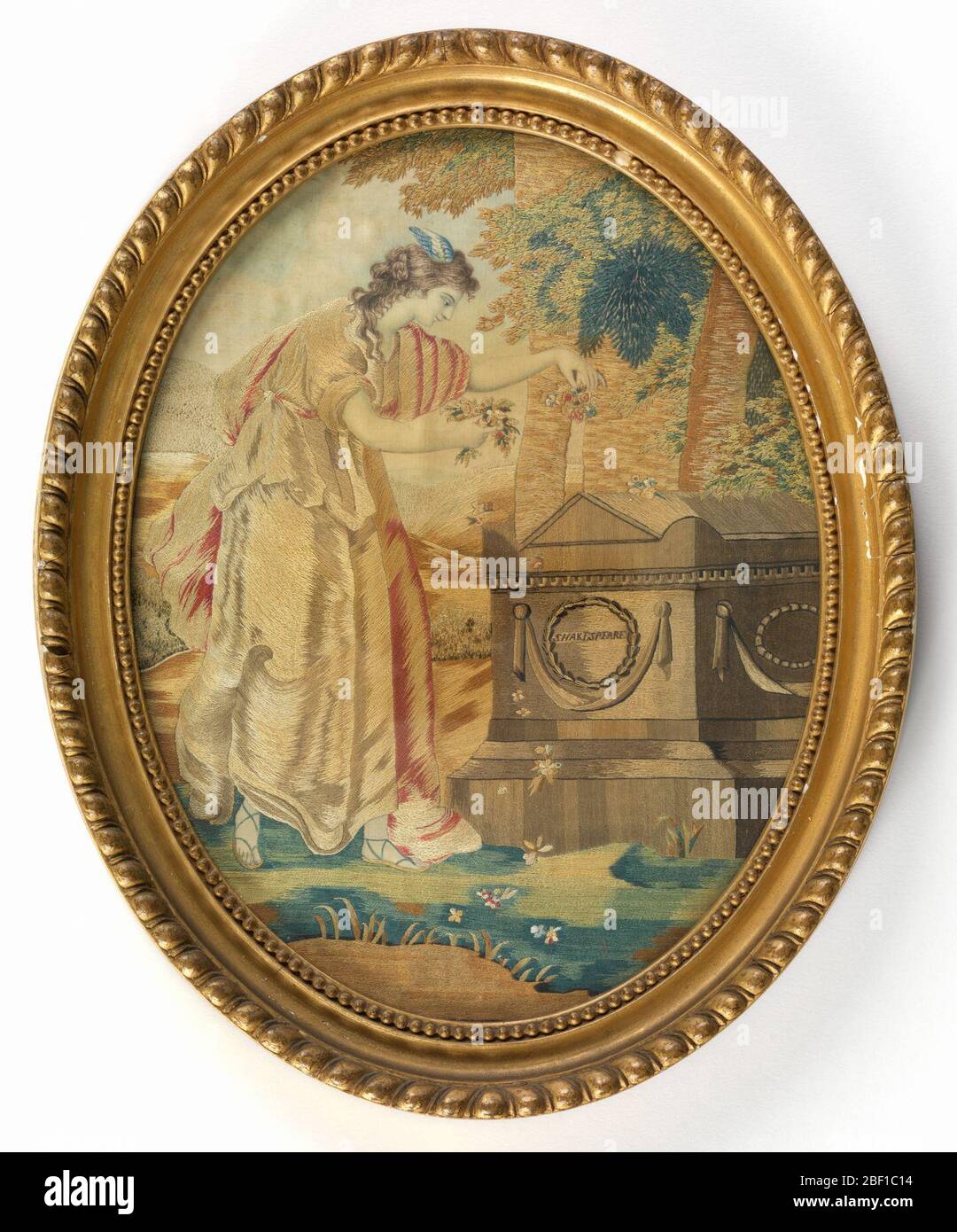 Fame Adoring Shakespeares Tomb. Oval embroidered silk picture showing a ...