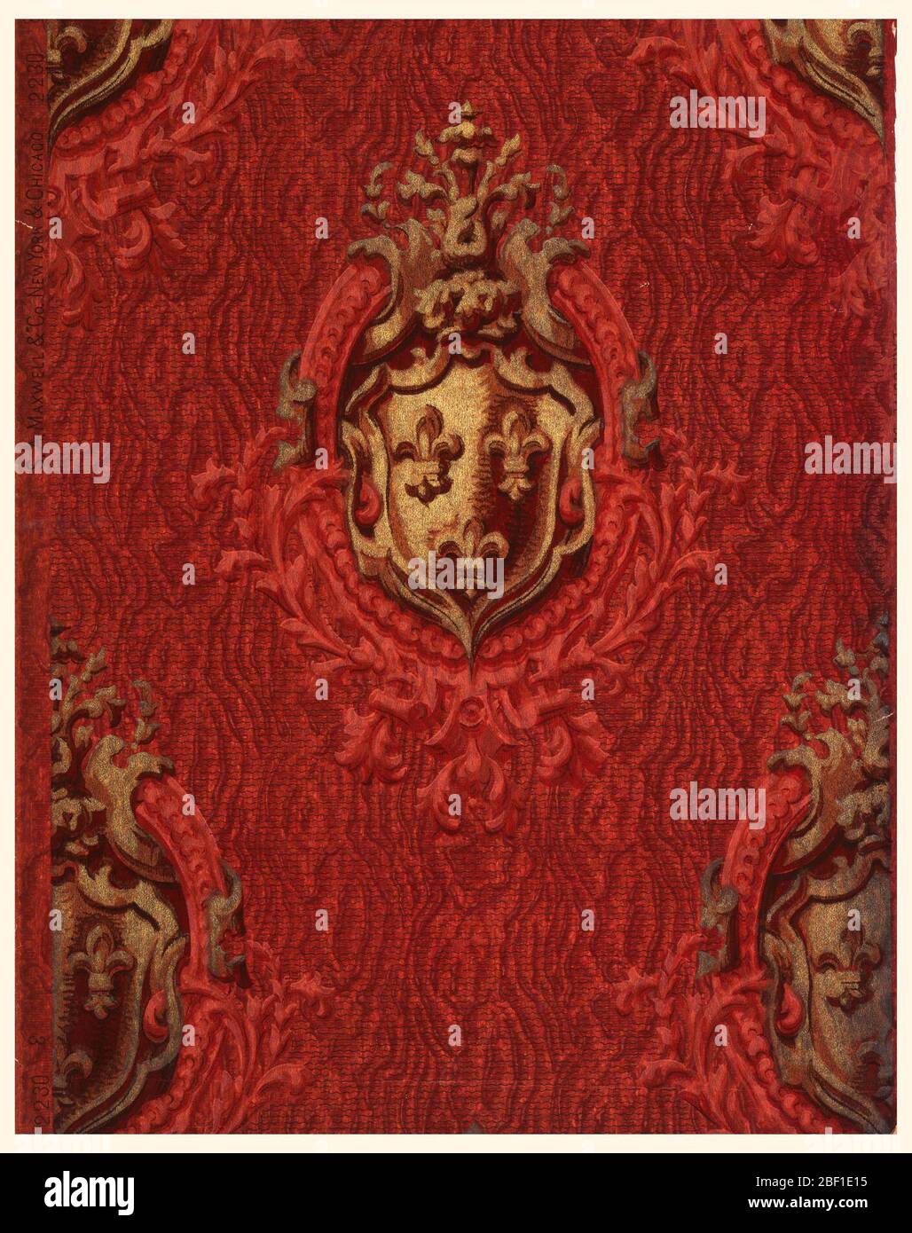 Sidewall sample. Large heraldic shield on cartouche, against a fabric ...