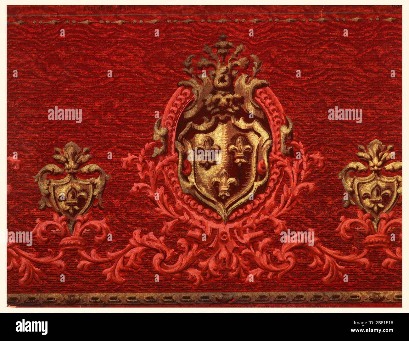 Frieze. Heraldic shield on large cartouch, on red background having ...