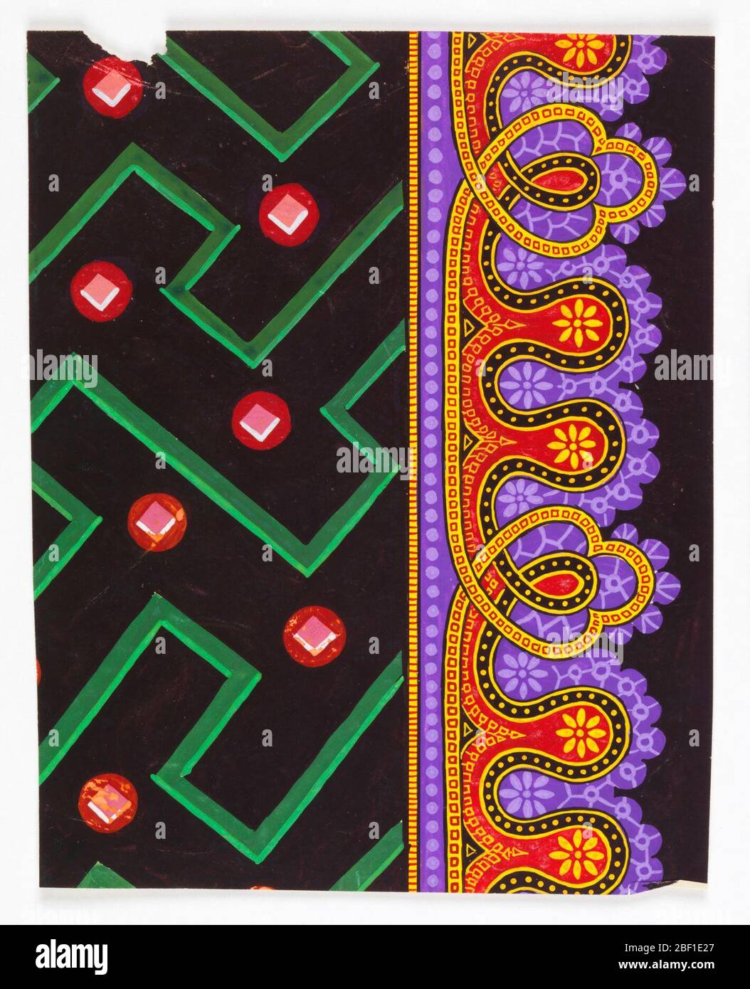 Drawing. Left side, green maze-like pattern with red circles on black ...