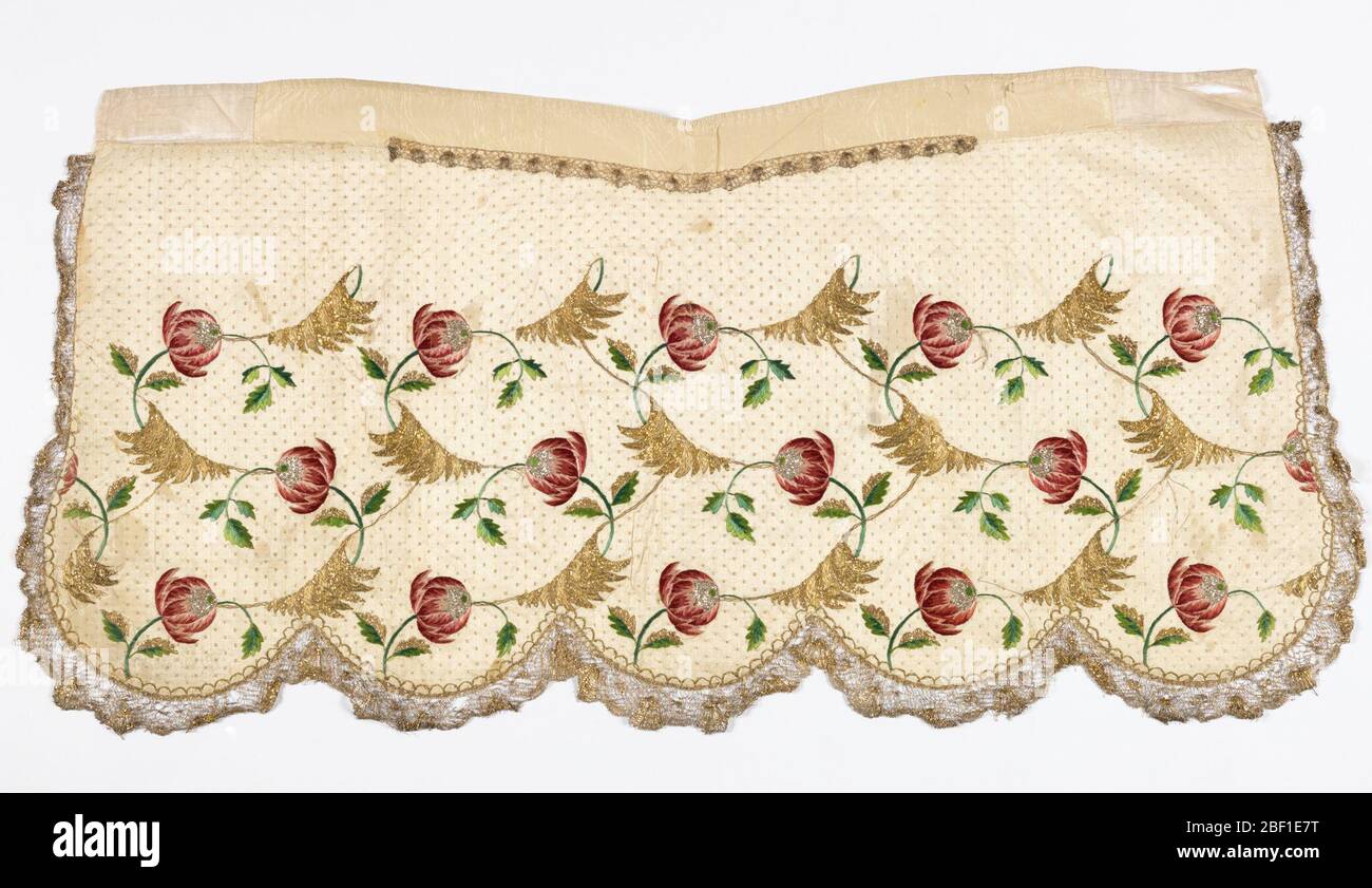 Apron. Cream white apron embroidered in colored silks and gold and ...