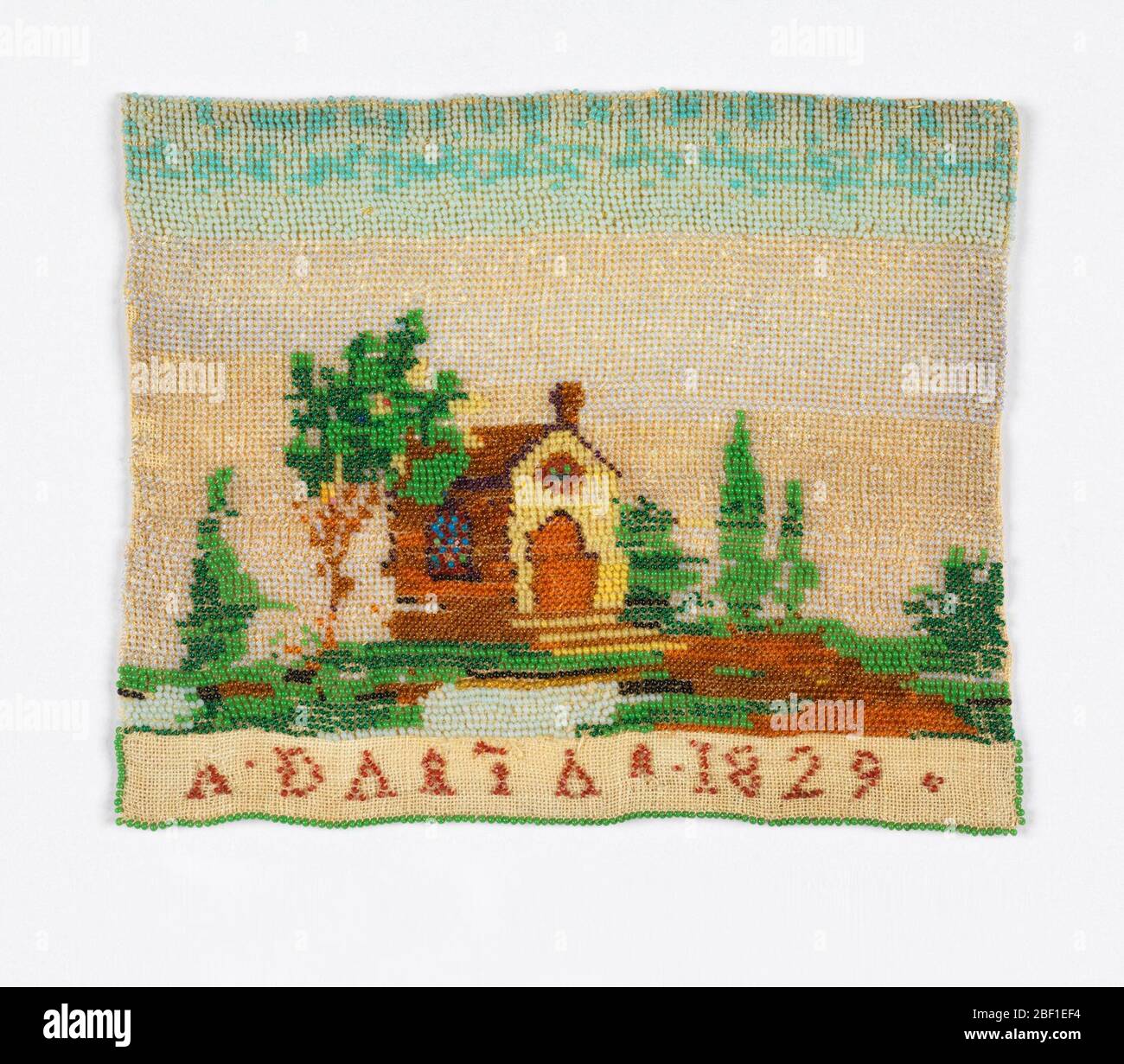 Embroidered picture. Panel of linen with colored beads sewn to form a ...