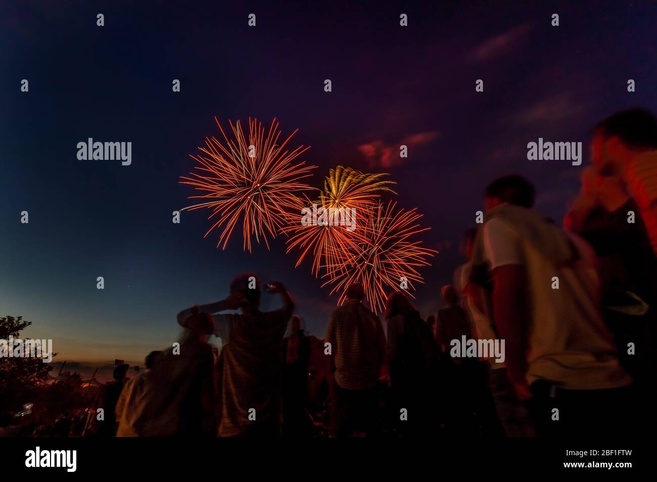 Group of people is watching an impressive firework at the night sky ...