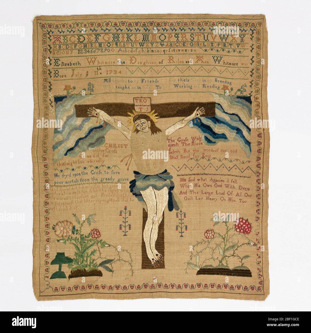 Sampler. Alphabets, numbers, verses, and the Crucifixion. Signature ...