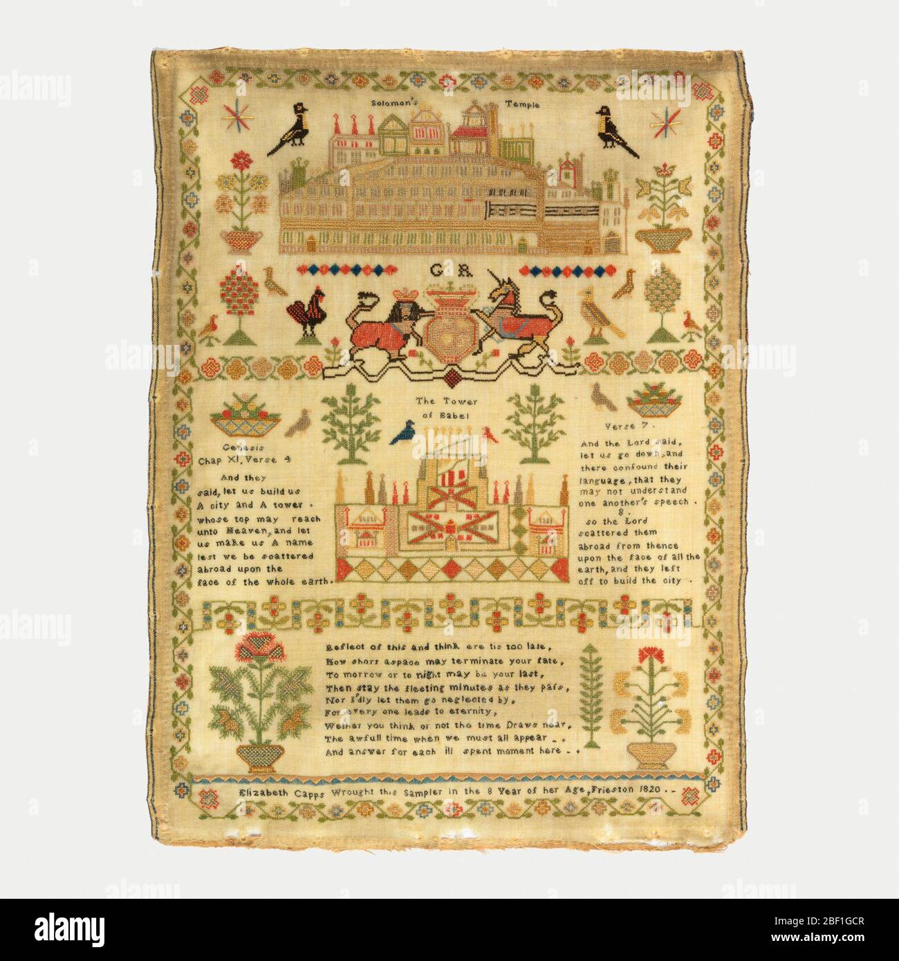 Sampler. Solomon's Temple; shield with lion and unicorn; Tower of Babel ...