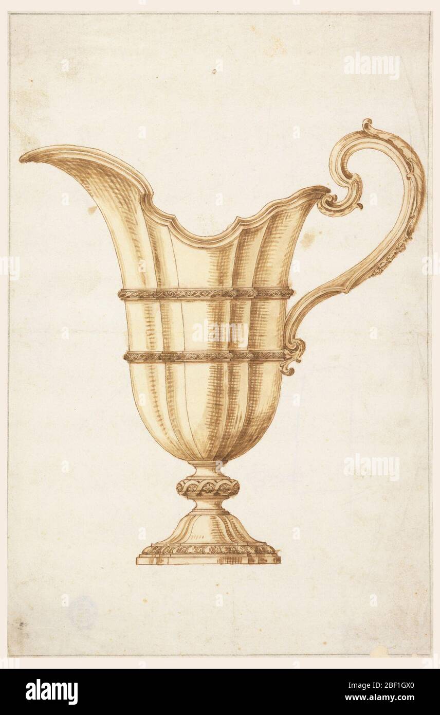 Design for a Pitcher. Handle at right; body decorated with two narrow ...