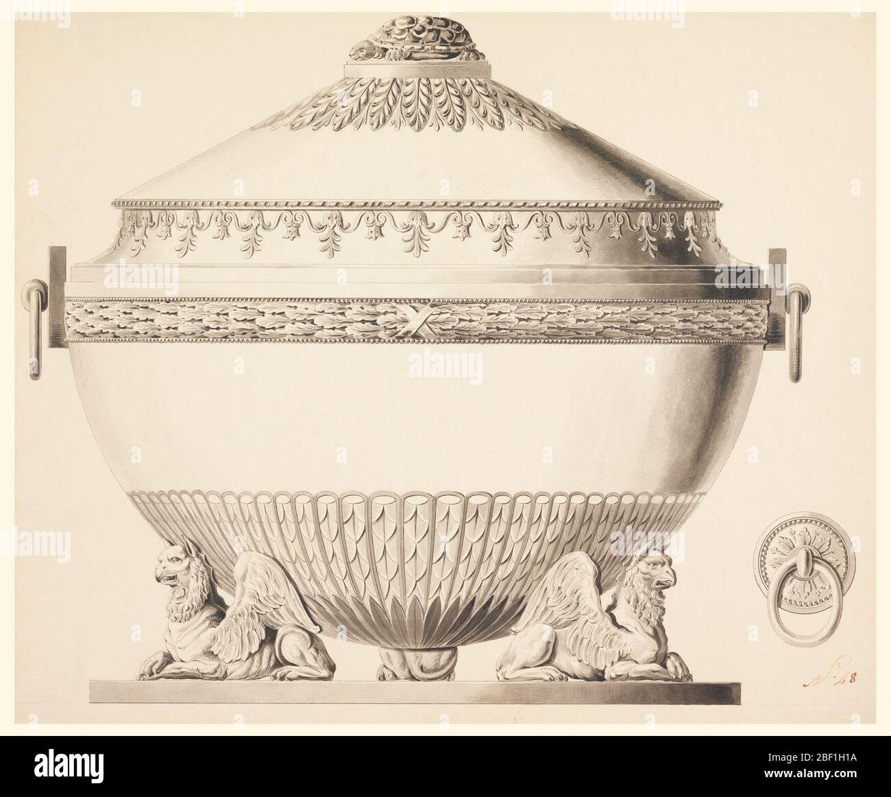 Design for a Tureen. Vessel is banded with leaf and classical arabesque ...