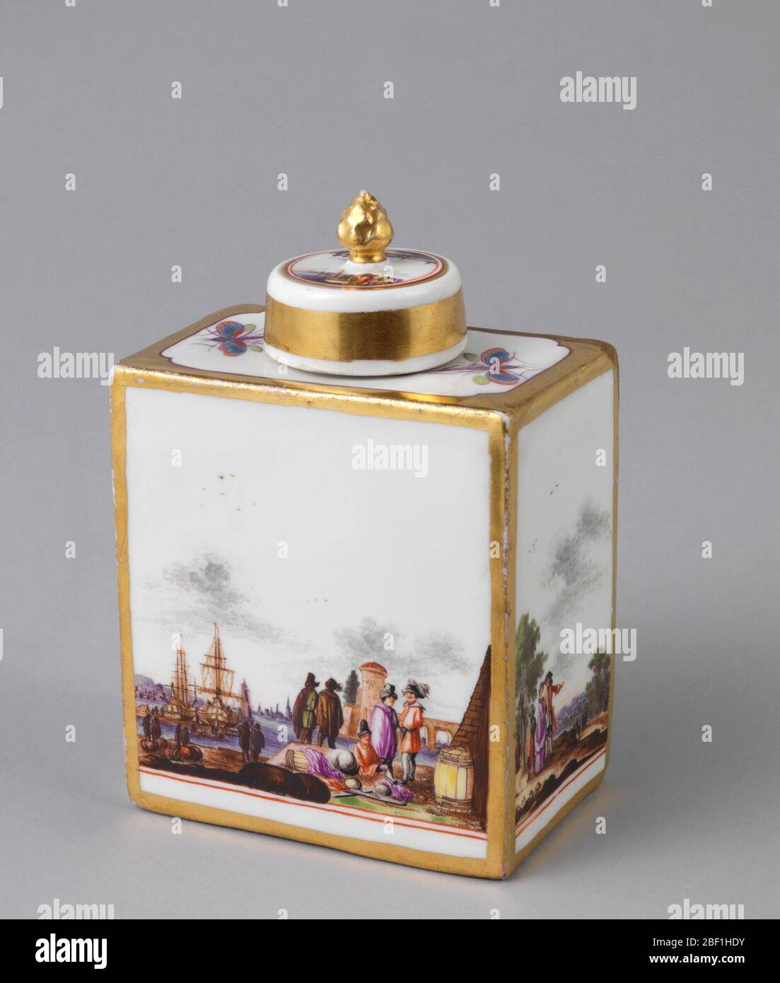 Tea Caddy with Harbor Scenes. Rectangular, with short cylindrical neck ...