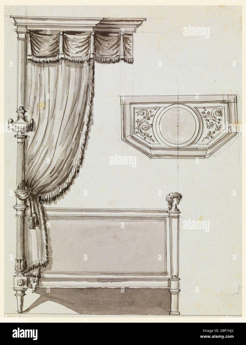 Original Drawings. Profile view and plan of canopied bed with draping ...