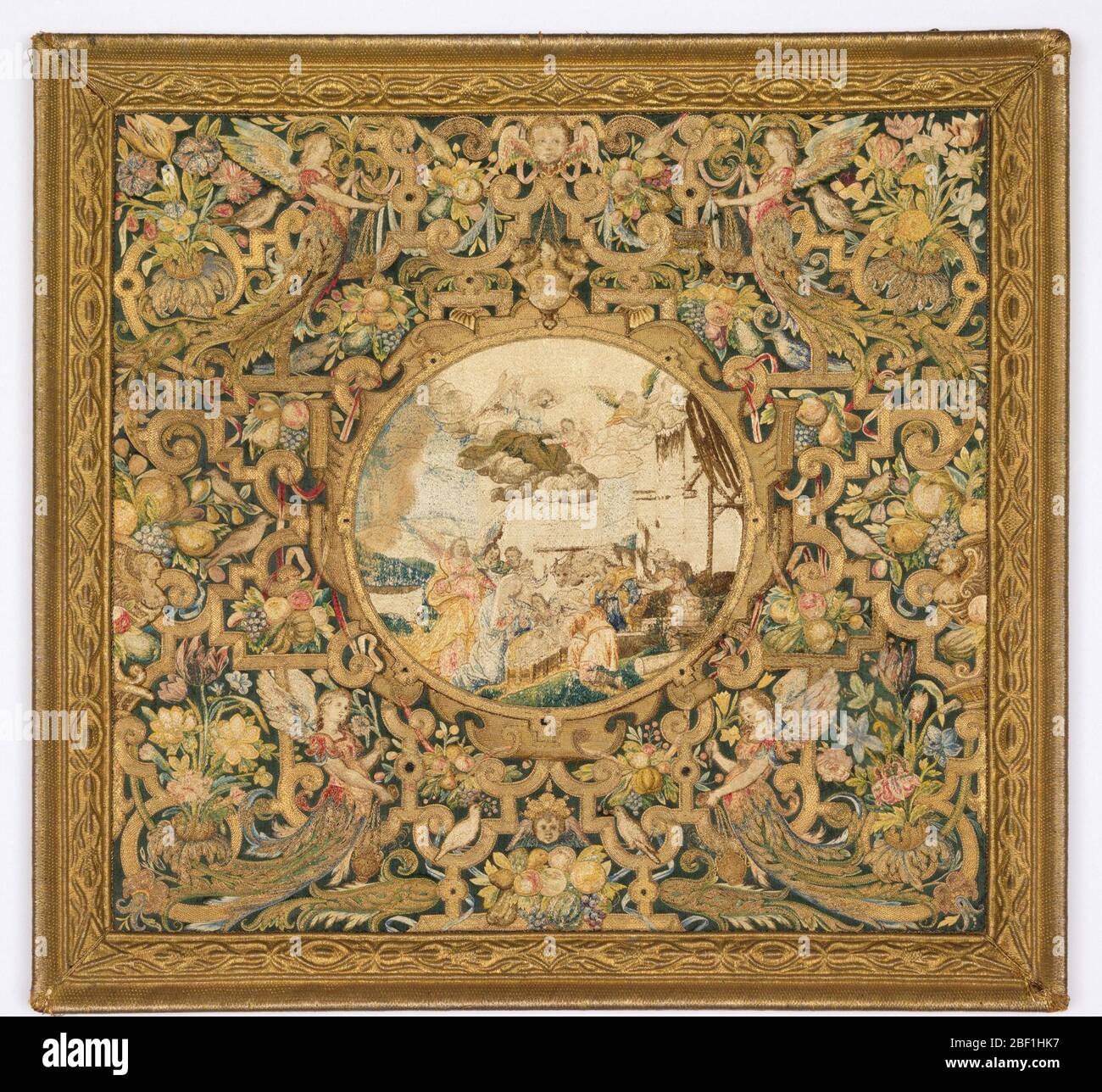 Embroidered picture. Panel, almost square, of elaborate embroidery in ...