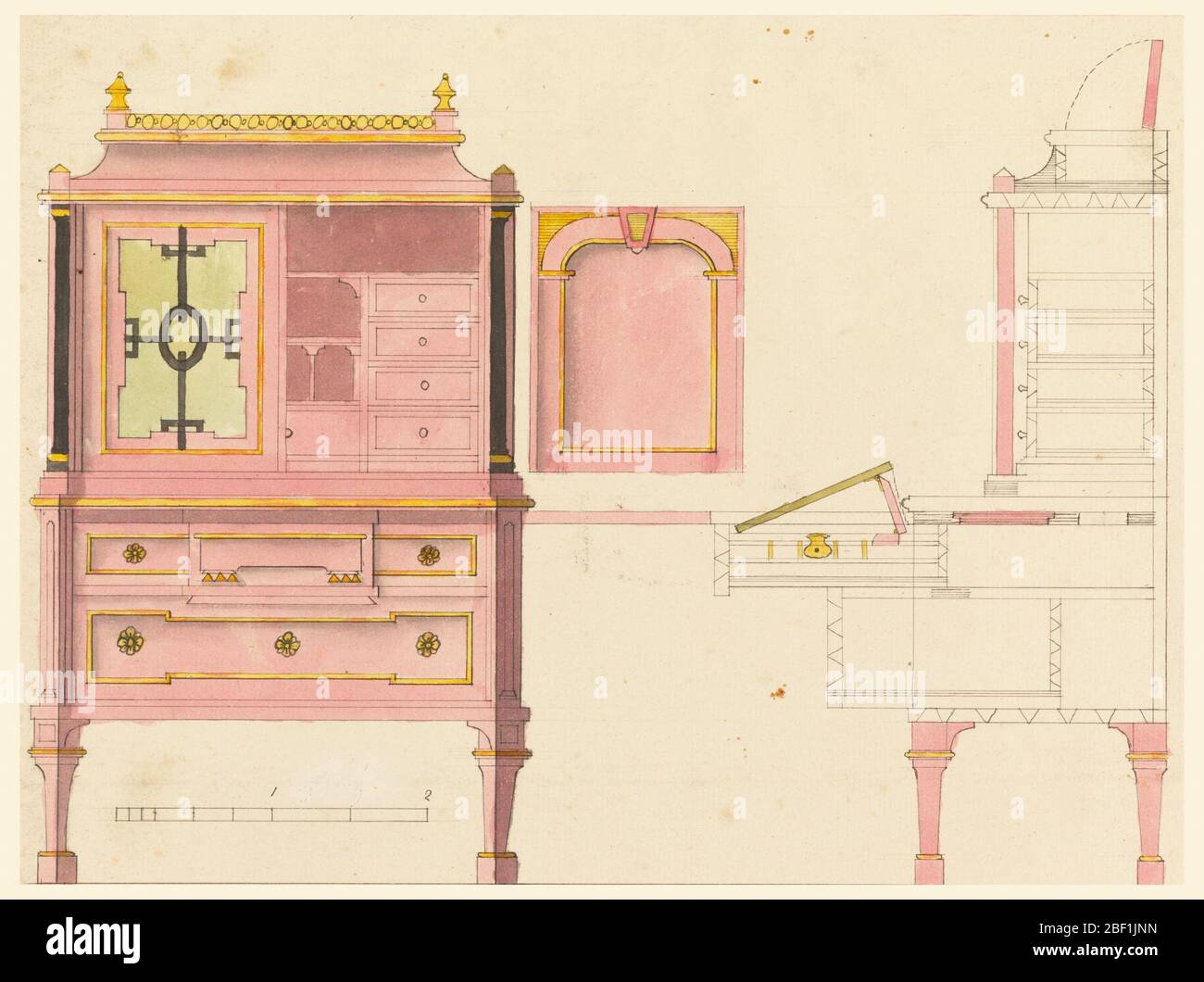 Design for a Writing Desk. Left, front elevation of a design for a ...