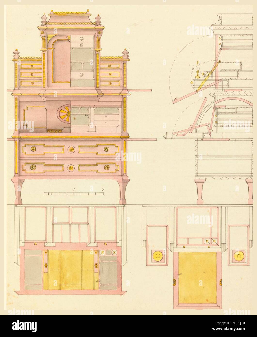 Design for Mechanical Furniture Desk. Upper left, front elevation of a ...