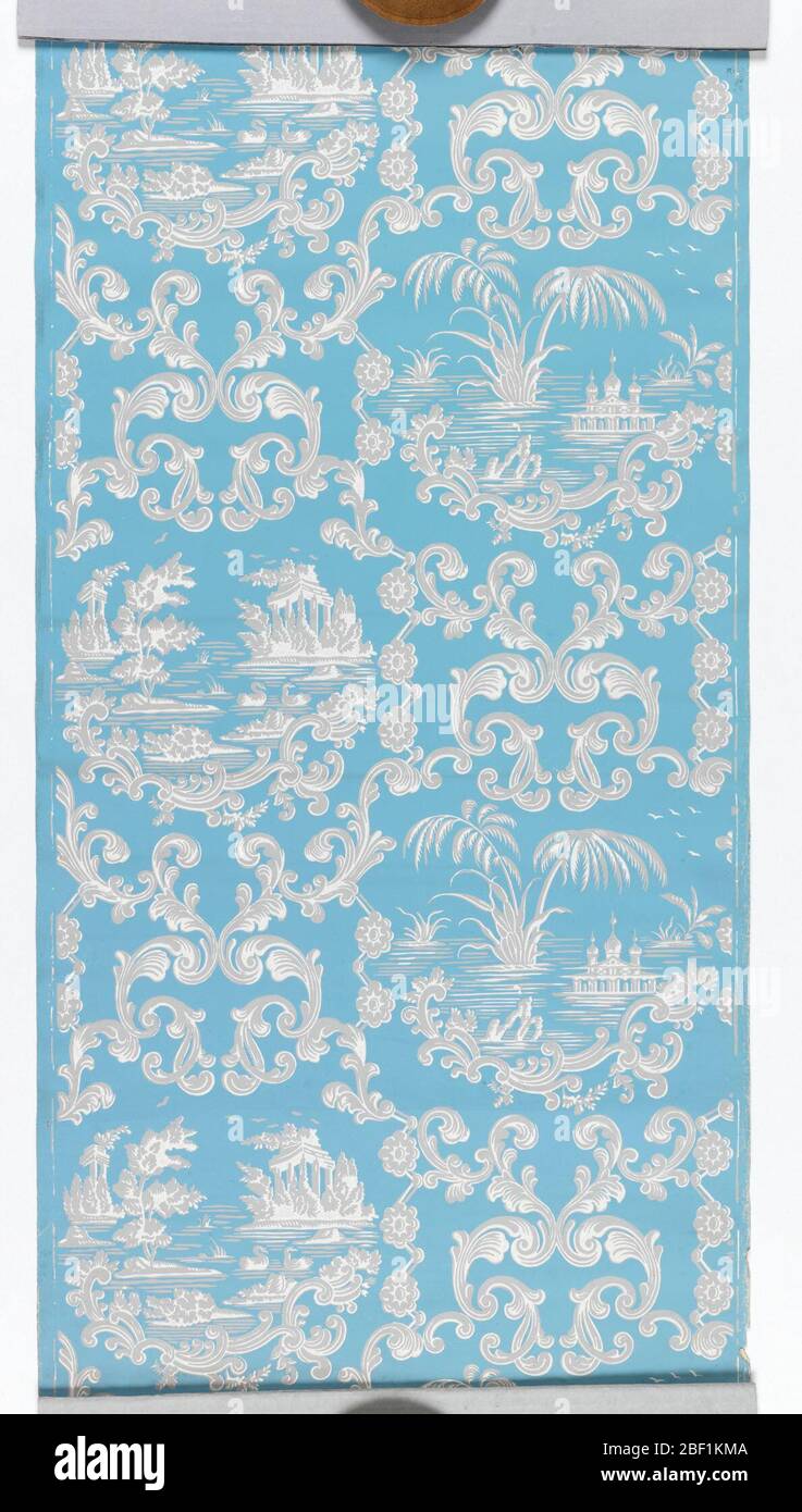 Sidewall. Drop repeating design in white and gray, of two landscape ...