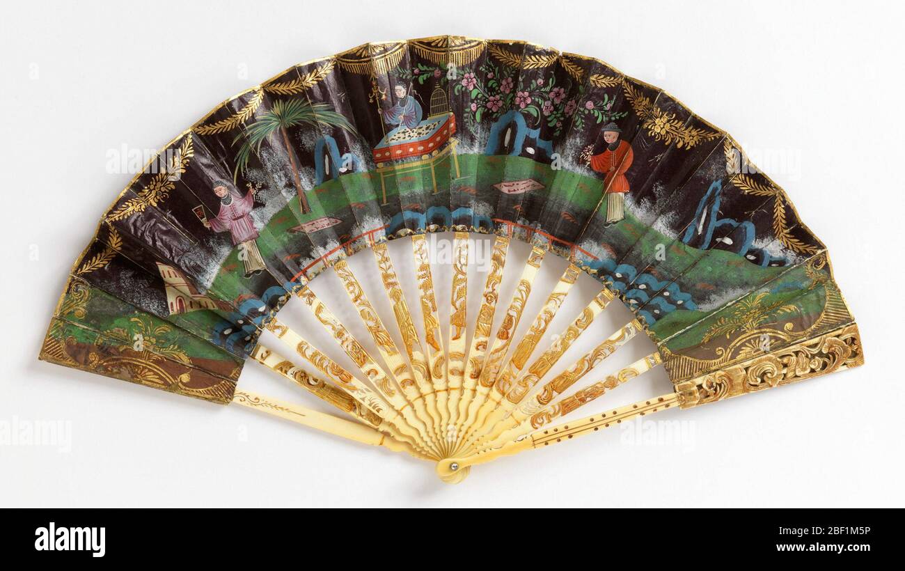 Pleated fan. Pleated fan. Black glazed paper leaf painted with gouache ...