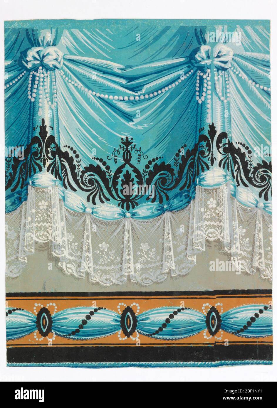 Border. Gathered blue drapery with lace edging in white. Blue ribbon ...