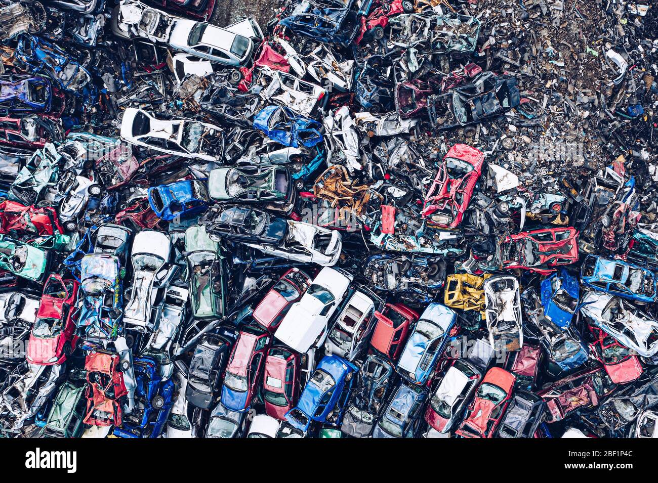 Smashed destroyed car wrecks on car junkyard Stock Photo - Alamy