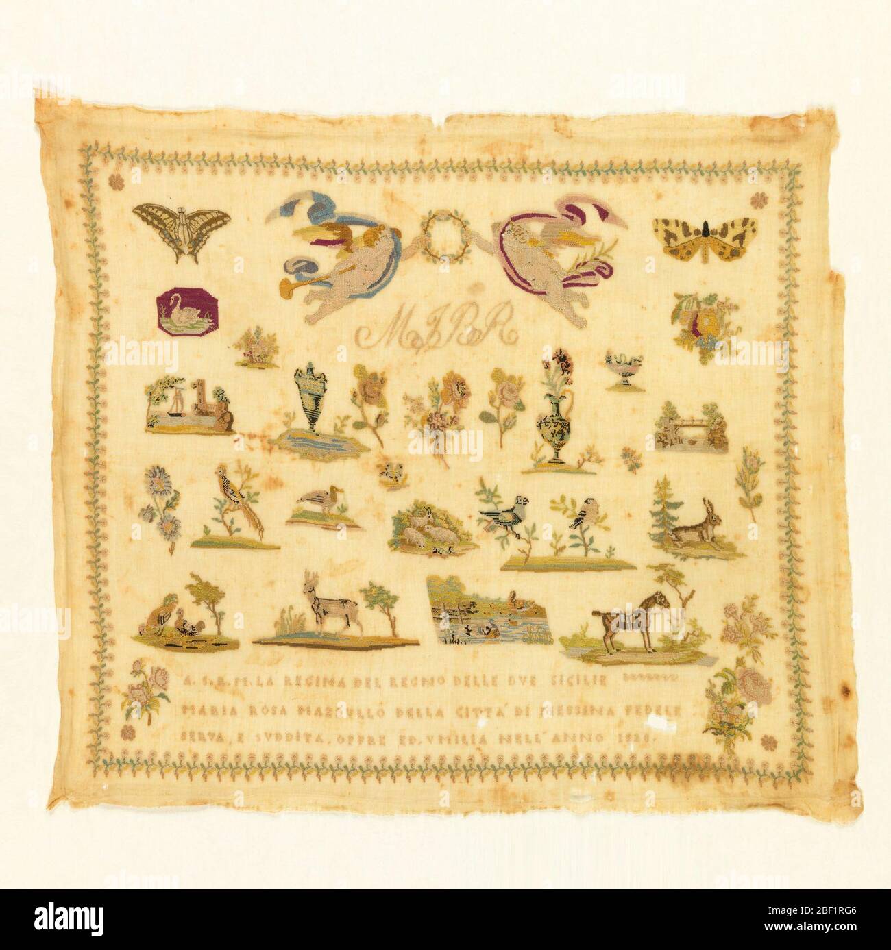 Sampler. Within a floral border are detached motifs and an inscription ...