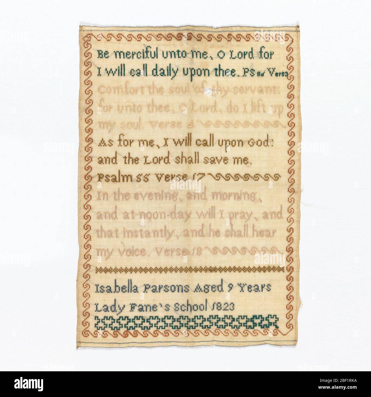 Sampler. Four verses from Psalms. Signed, dated, aged 9 years, Lady ...