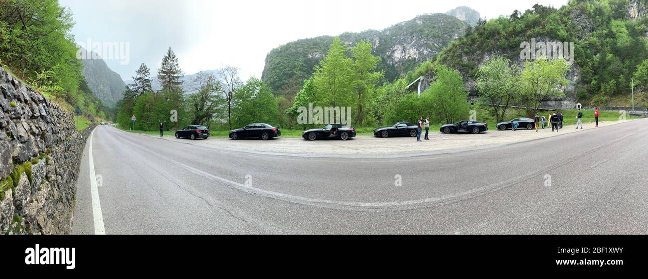 Italy, Alps, 09 May 2019: Automobile round on serpentines of the Alps ...