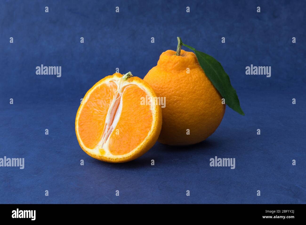 Cross section with orange Hallabong on blue background. Fruit seen from ...