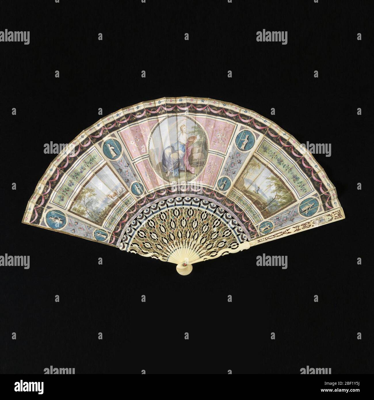 Pleated fan. Pleated fan with painted parchment leaf. Obverse: two side ...