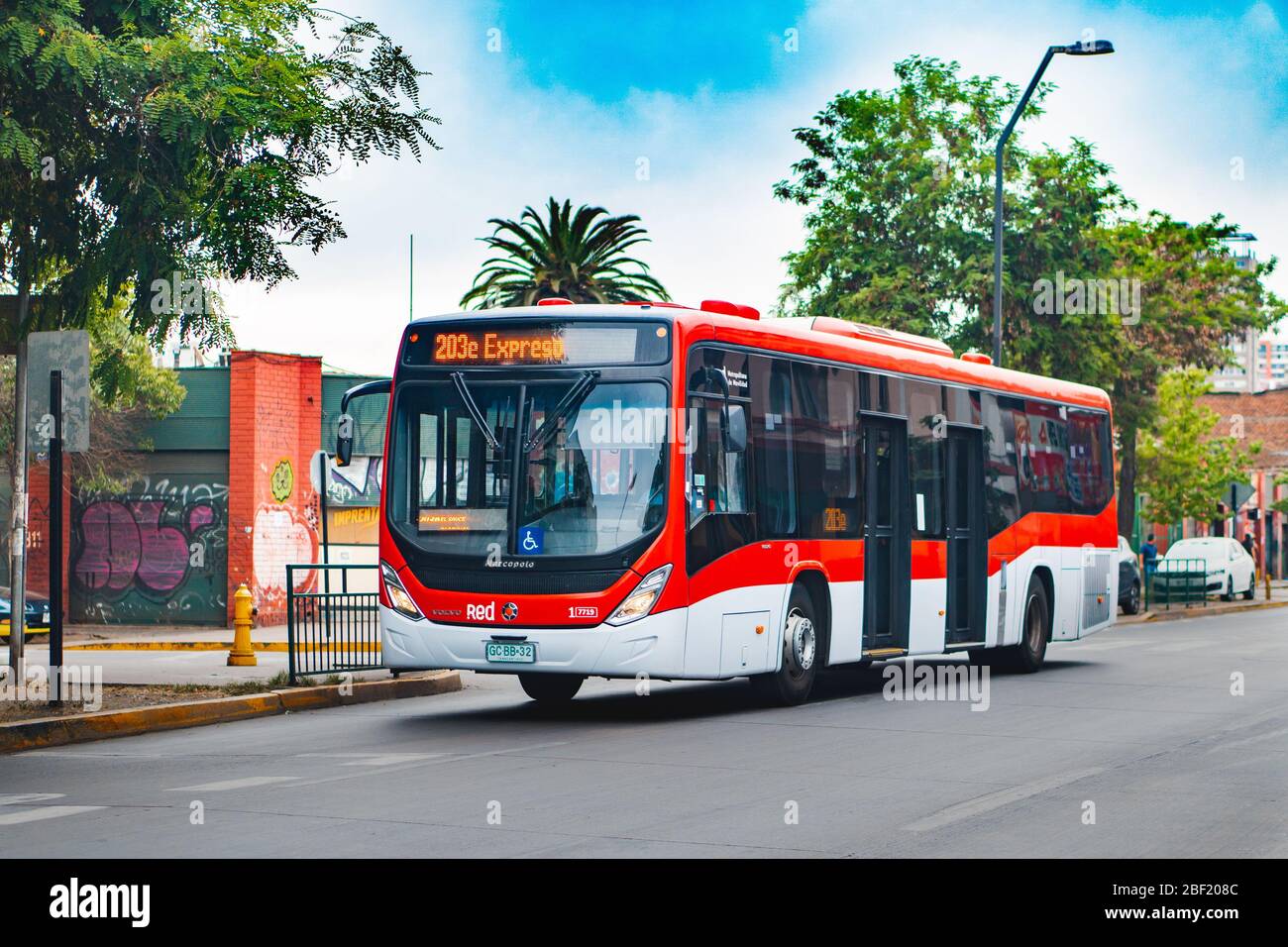 SANTIAGO, CHILE - NOVEMBER 2019: A red Movilidad (Ex Transantiago) bus ...