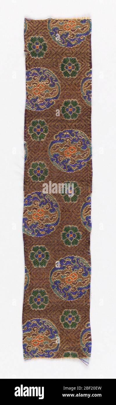 Textile. Decorated floral circles on diaper background in blue, red ...