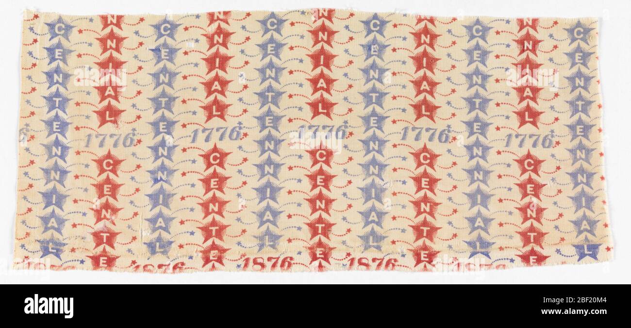 Textile. Fragment of a centennial print in a design of red and blue ...