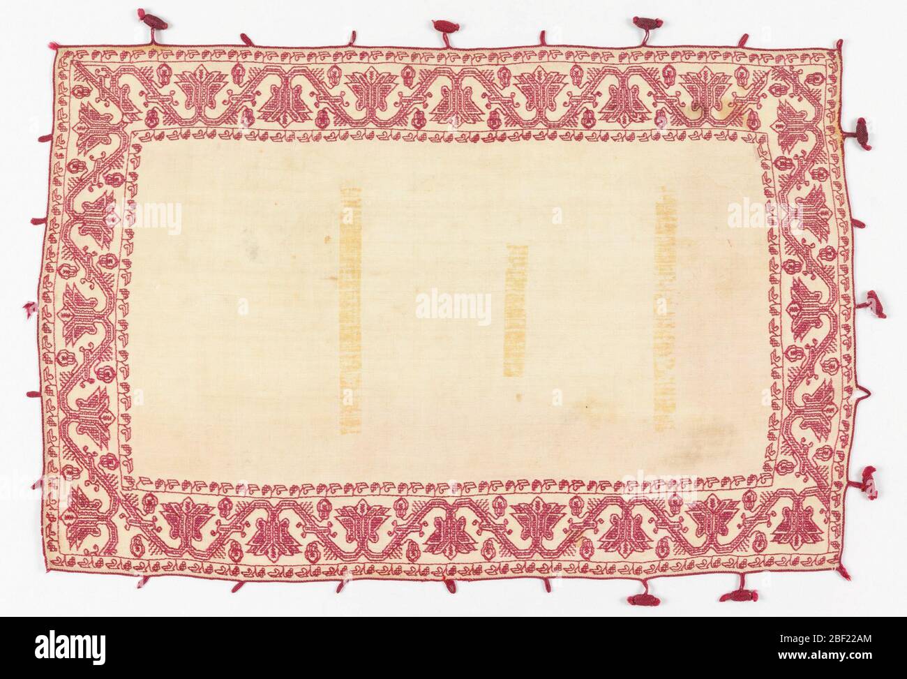 Pillow cover. White linen with two inch border or stylistic leaf and ...