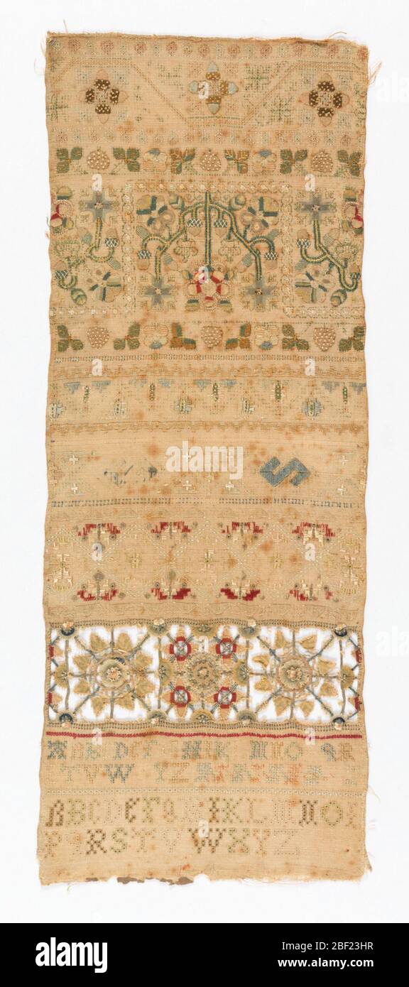 Sampler. A series of embroidered bands with floral and geometric motifs ...