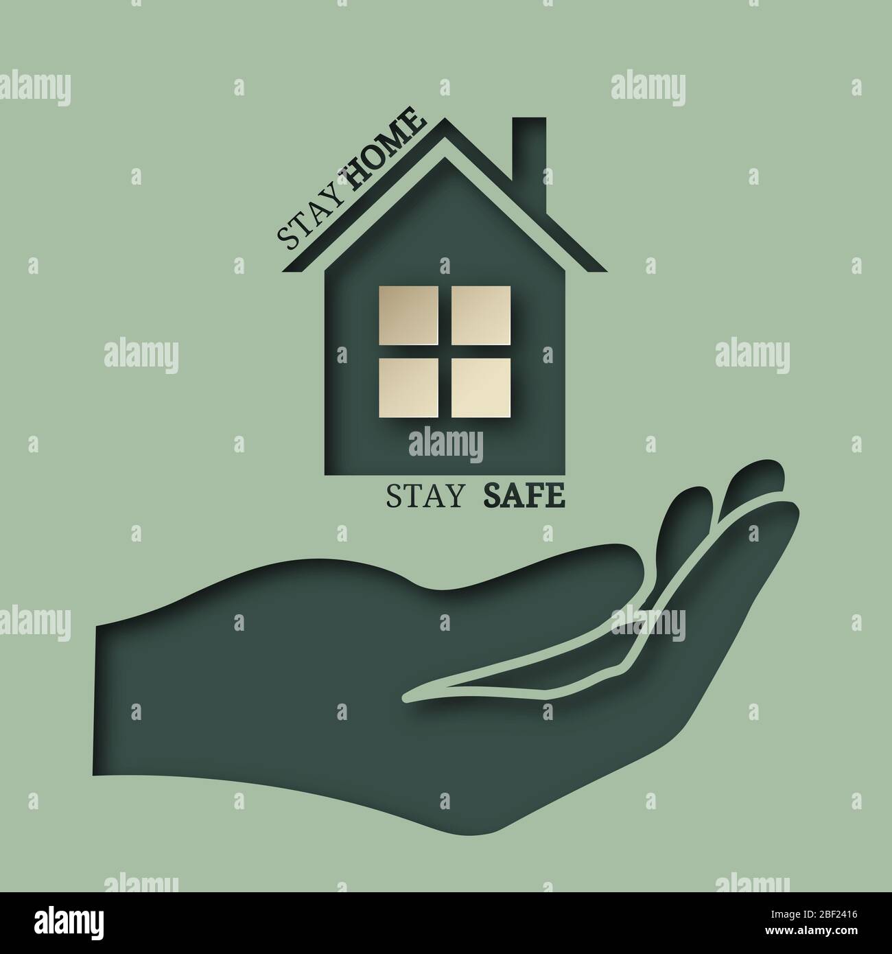 Vector sign, symbol, illustration with house and phrase stay home, stay ...