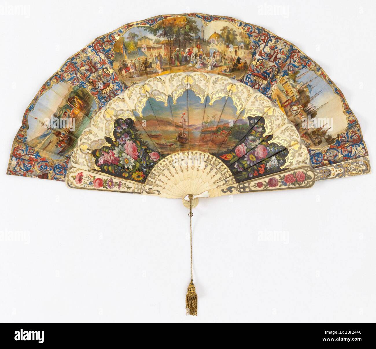 Pleated fan. Pleated fan. Paper leaf with chromolithograph showing ...